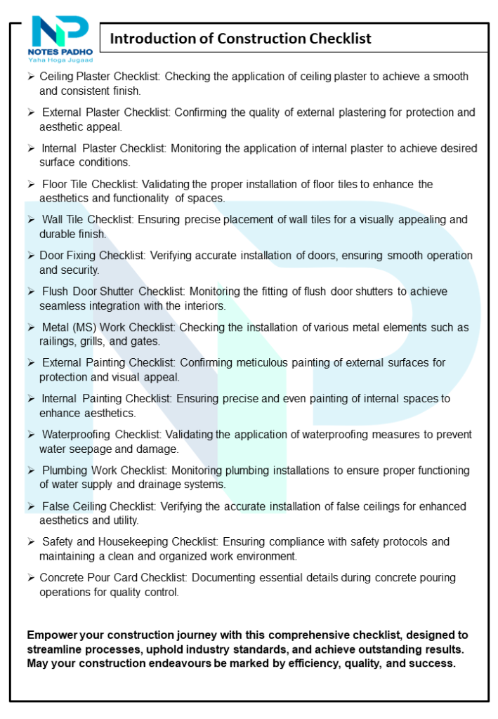 Construction Checklist for Site Engineers | 29 Phase-Wise Checklists ...