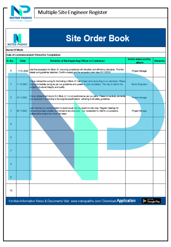 Daily Formats For Site Engineers - Notes Padho