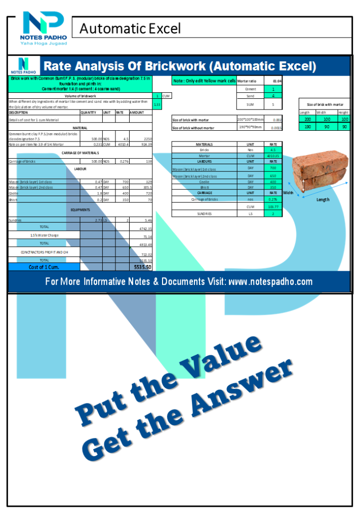 Rate Analysis Of Brickwork Automatic Excel Notes Padho